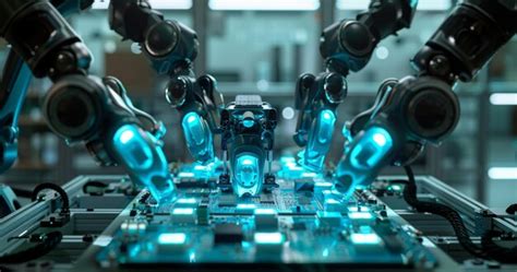 Futuristic Robotic Arms Assembling An Electronic Circuit Board With Precision And Advanced