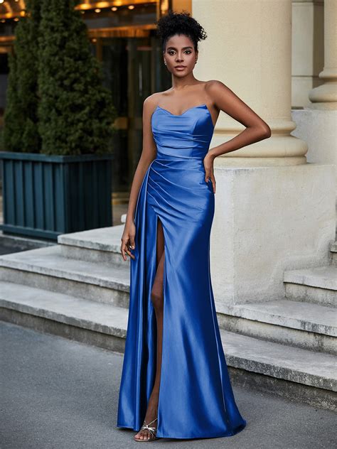 Sweetheart Stretch Satin Sweep Train Prom Dress Royal Blue Plus Size