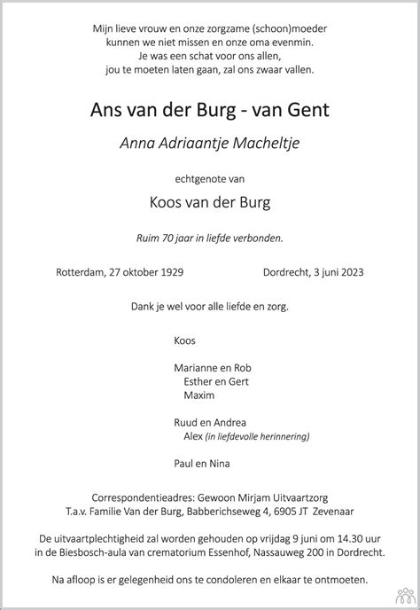Ans Anna Adriaantje Macheltje Van Der Burg Van Gent 03 06 2023 Overlijdensbericht En