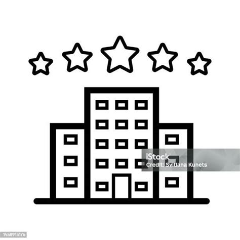 호텔 라인 아이콘입니다 다섯 별 휴식 휴가 숙박 밤 밤 방법 호스텔 호텔 모든 것을 포함 방 아파트를 보내십시오 여행 개념입니다 흰색 배경에 벡터 검은 선 아이콘 본사에