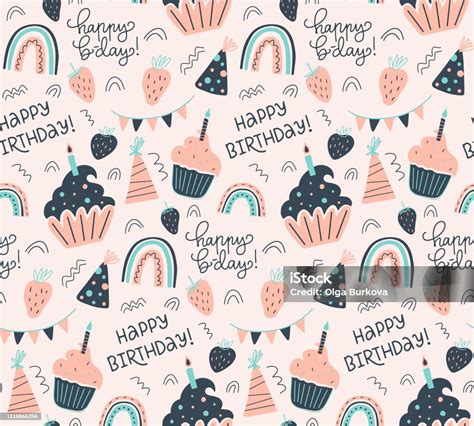컵 케이크 딸기 파티 모자 무지개 화환과 축하 원활한 패턴 생일 축하의 서예 귀여운 벡터 일러스트레이션 플랫 스타일 생일에 대한
