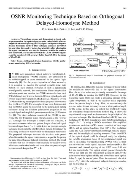Pdf Osnr Monitoring Technique Based On Orthogonal Delayed Homodyne Method