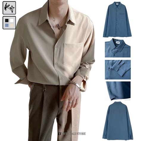 Kt เสื้อเชิ้ตแขนยาวลําลอง ทรงหลวม สีกากี สีดํา สีขาว สีฟ้า แฟชั่นสไตล์เกาหลี สําหรับผู้ชาย ไซซ์