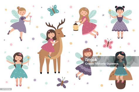 귀여운 작은 요정의 컬렉션 마법의 지팡이와 날개만화 마술 캐릭터 0명에 대한 스톡 벡터 아트 및 기타 이미지 0명 개체