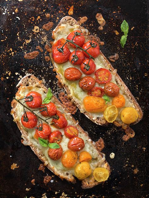 Mozarella Red And Yellow Cherry Tomato And Basil Open Sandwiches