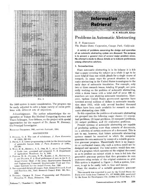 1964 Problems In Automatic Abstracting Pdf Abstract Summary