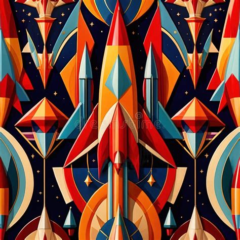 Rocket Spaceships Flying In Space Retro Futuristic Illustration In Art Deco Style Stock Image