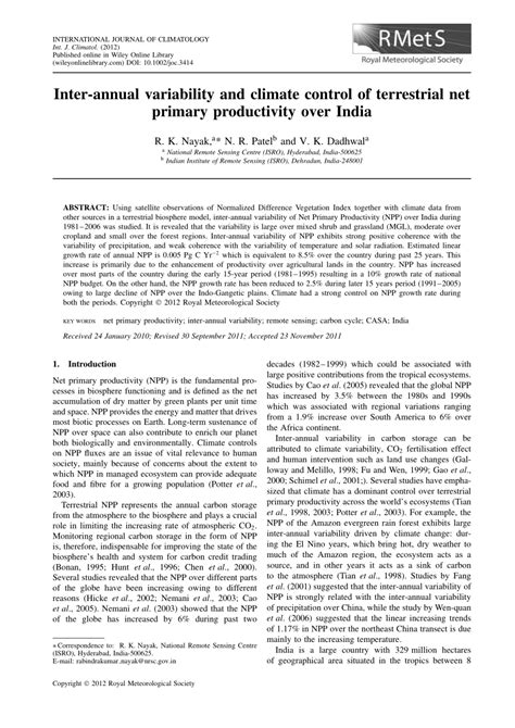 Pdf Inter Annual Variability And Climate Control Of Terrestrial Net