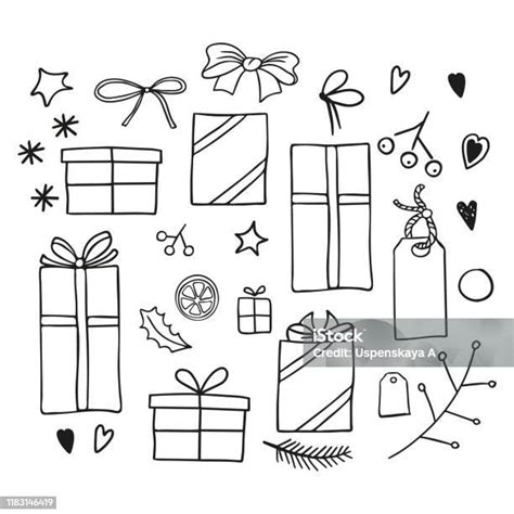 낙서 스타일의 선물을 장식새해와 축하 아이콘의 집합입니다 흰색 배경에 격리 배너 카드 색칠 공부 스티커 디자인에 대한 겨울 요소 손으로 그린 벡터 일러스트레이션 겨울에 대한
