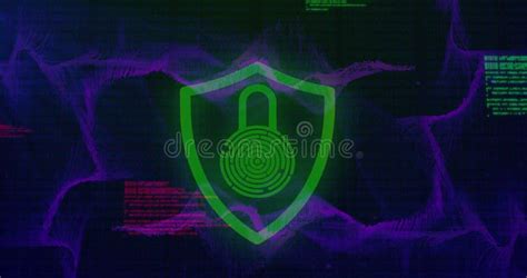 Image Of Padlock In Shield And Computer Language Over Dynamic Waves On Black Background Stock