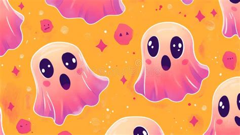 Cute Pink Ghosts Seamless Pattern On Orange Background Stock