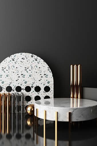 제품 디자인 3d 렌더링 3d 일러스트 수직 프레임에 대한 검은 색 연단과 기하학적 모양 골드와 유리 질감을 모의 0명에 대한 스톡 사진 및 기타 이미지 Istock