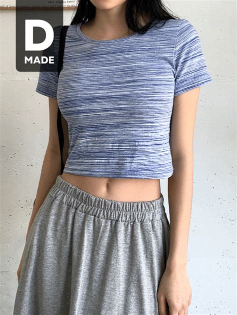 Made 빅사이즈 44 99 믹스 그라데이션 스트라이프 라운드넥 크롭 반팔 티셔츠 에이블리