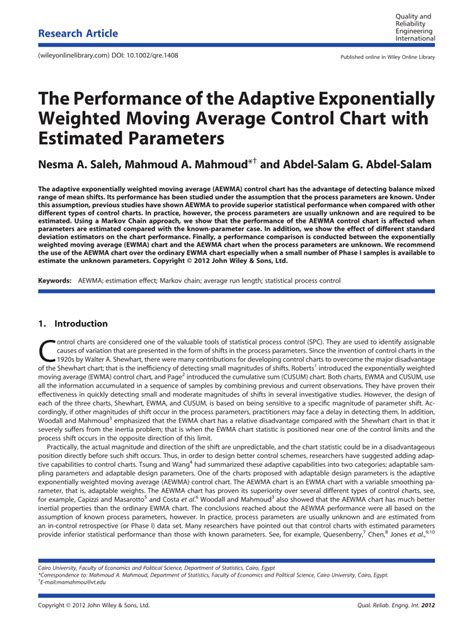 Pdf The Performance Of The Adaptive Exponentially Weighted Moving Average Control Chart With