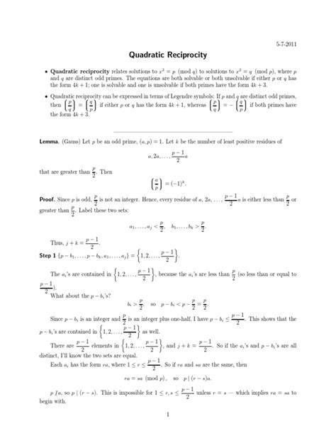 Quadratic Reciprocity Pdf Algebra Abstract Algebra