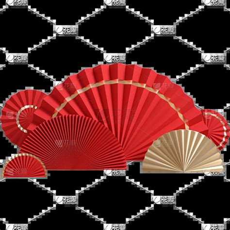 中国风中式通用带金边红扇子组合元素素材素材 花瓣网