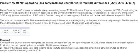 Solved Problem Net Operating Loss Carryback And Chegg Com