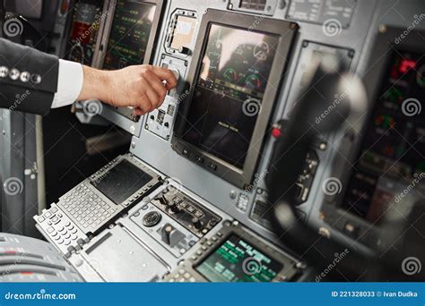 Male Pilot Turn Button On Passenger Airplane Jet Stock Image Image Of Journey Airliner 221328033