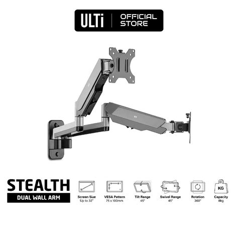 [free Delivery] Stealth Dual Monitor Wall Mount Gas Spring Full Motion Arm Flat And Curved