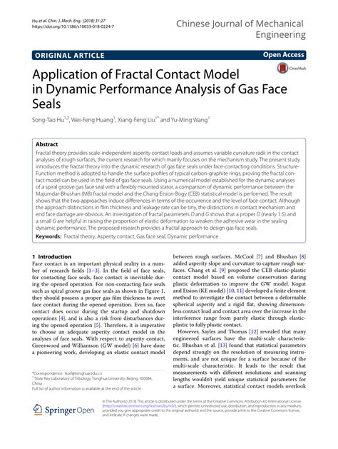 Pdf Application Of Fractal Contact Model In Dynamic Performance Analysis Of Gas Face Seals