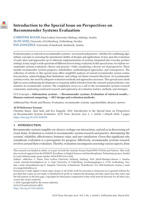 Pdf Introduction To The Special Issue On Perspectives On Recommender Systems Evaluation