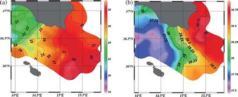 Maps Of A Temperature And B Salinity At 10 M Depth Estimated From