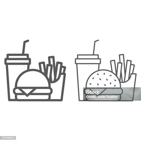 햄버거 감자 튀김과 소다 라인과 얇은 아이콘 패스트 푸드 및 배달 콤보 점심 기호 벡터 그래픽 흰색 배경에 선형 아이콘 Eps 10 아이콘에 대한 스톡 벡터 아트 및 기타