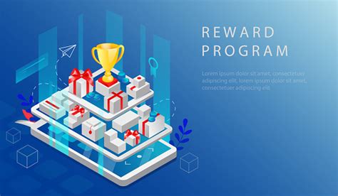 아이소메트릭 리워드 프로그램 및 캐쉬백 개념 웹 사이트 방문 페이지 보상 프로그램 응용 프로그램 선물 상자 구매 및 상단에 골드 컵 큰 스마트 폰과 태블릿 웹 페이지 3d