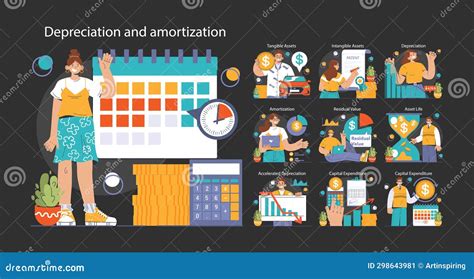 Amortization And Depreciation Dark Or Night Mode Set Calculating Stock Vector Illustration Of