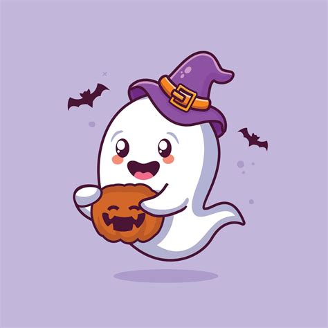 Cute Halloween Ghost Holding Pumpkin Cartoon Illustration Doodle