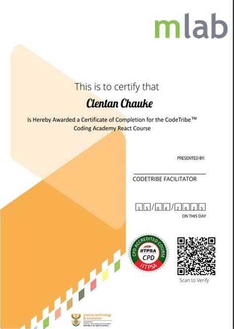 Codetribe React Codingjourney Certificate Mlab Clentan Chauke