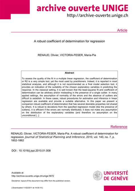 Pdf A Robust Coefficient Of Determination For Regression
