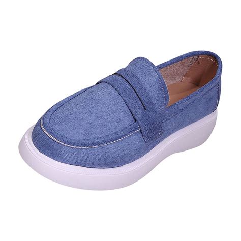 Blue Loafers For Women Thick Sole Slip On Soft Upper Solid Round Toe