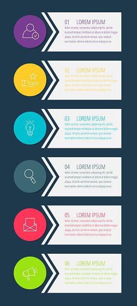 6 개의 레이블 다이어그램 그래프 프리젠 테이션에 대한 벡터 인포 그래픽 플랫 템플릿 원 6 가지 옵션과 화살표가있는 비즈니스 개념 콘텐츠 순서도 단계 타임 라인 워크플로