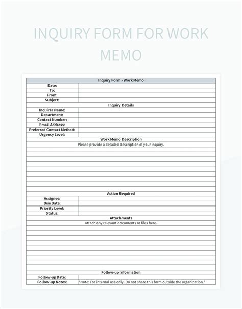 Inquiry Form For Work Memo Excel Template And Google Sheets File For Free Download Slidesdocs