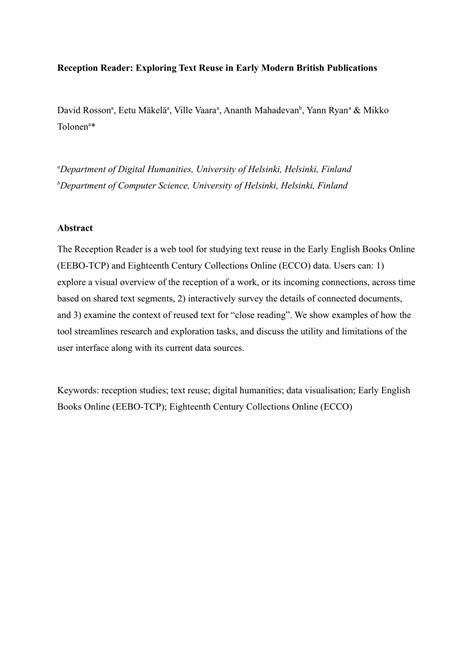 Pdf Reception Reader Exploring Text Reuse In Early Modern British Publications