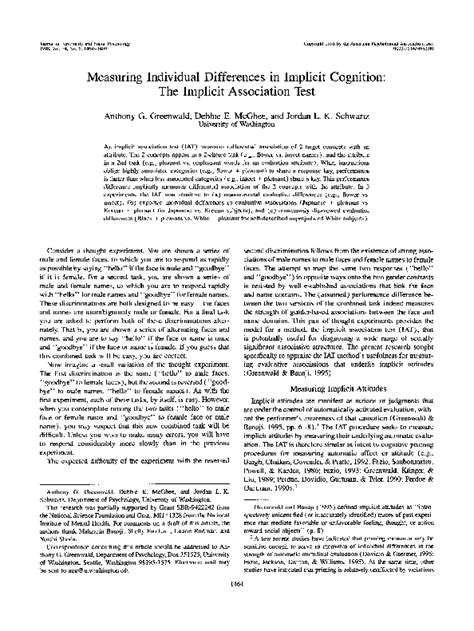 pdf measuring individual differences in implicit cognition the