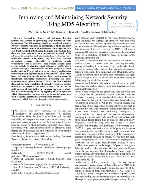Pdf Improving And Maintaining Network Security Using Md5 Algorithm