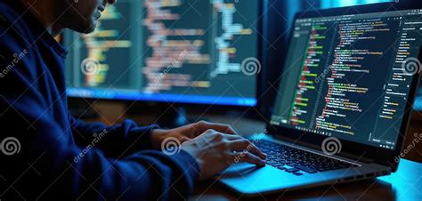 Programmer Diligently Working On Laptop At Desk Multiple Computer