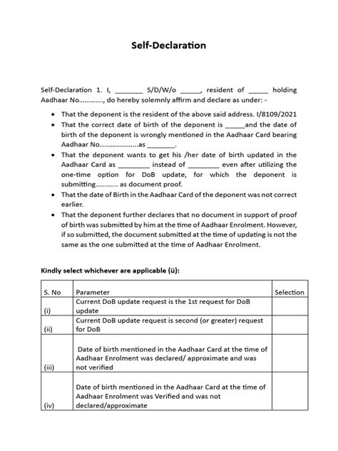Aadhaar Self Declaration Form Pdf