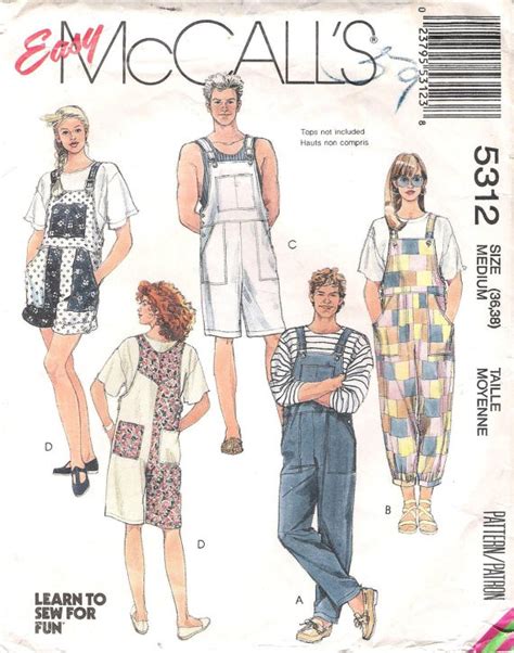 Retro 1990s Unisex Overalls Sewing Pattern Mccalls 5312 Easy To Sew