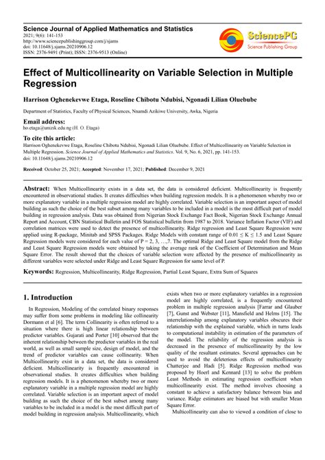 Pdf Effect Of Multicollinearity On Variable Selection In Multiple Regression