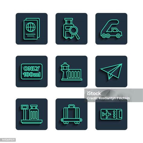 여행 가방 컨베이어 벨트 항공권 비행기 탑승을 위한 여객 사다리 공항 관제탑 액체 기내 반입 수하물 여권 및 종이 비행기