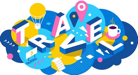 벡터 크리에이 티브 추상 수평 일러스트 레이 션 3d의 화려한 배경에 인쇄 술 레터링 단어 여행 공기 풍선 장식 요소와 함께 여행 회사 개념 3차원 형태에 대한 스톡 벡터