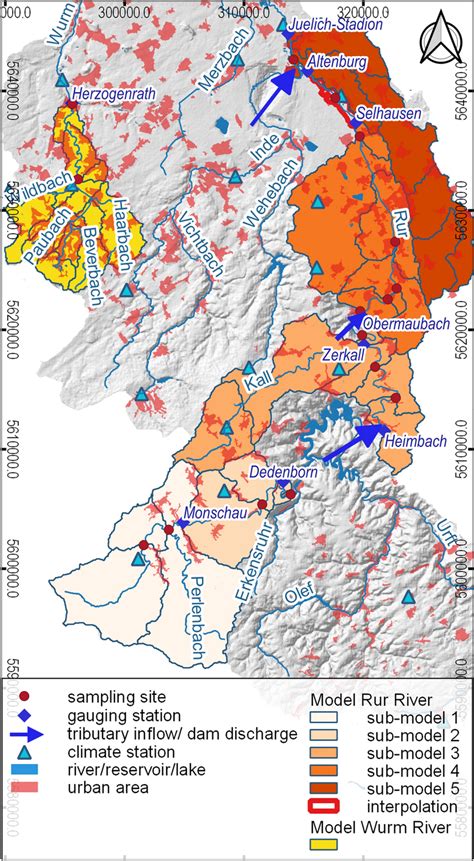 modeled areas in the rainfall runoff simulation blue arrows mark
