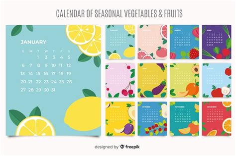 Free Vector Colorful Seasonal Vegetables And Fruits Calendar