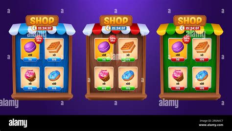 Ui Game Store Frame Interface With Button Cartoon Element Set Gui Mobile App Wooden Shop Box