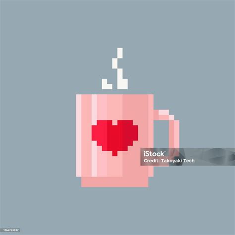 커피 일러스트의 픽셀 아트 컵 픽셀화 모자이크 복고풍 게임 스타일의 벡터 픽셀 핫 초콜릿 머그잔 발렌타인 데이에 대한 8 비트 빈티지 장식 픽셀은 흰색 배경에 고립 된