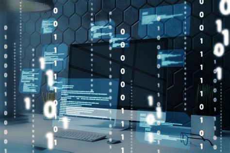 Premium Photo Close Up Of Desktop With Computers And Abstract Coding Binary Code Hologram