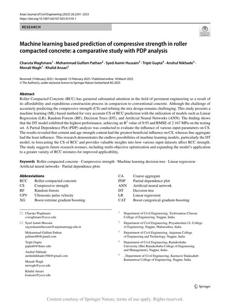 Machine Learning Based Prediction Of Compressive Strength In Roller Compacted Concrete A